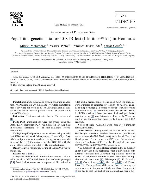 (PDF) Population genetic data for 15 STR loci (Identifiler™ kit) in ...