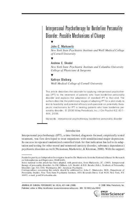 (PDF) Adapting interpersonal psychotherapy for borderline personality disorder