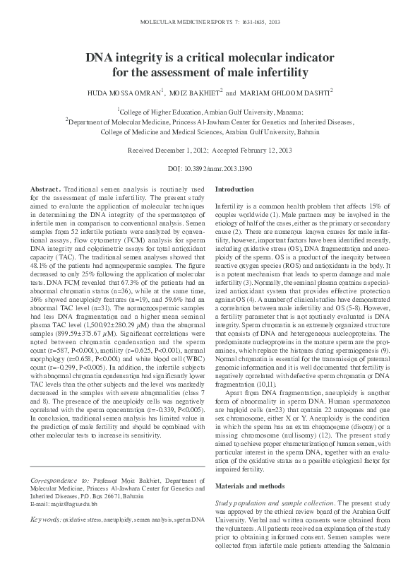 (PDF) DNA integrity is a critical molecular indicator for the ...