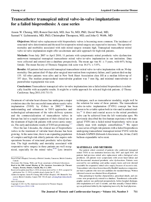 (PDF) Transcatheter transapical mitral valve-in-valve implantations for a failed bioprosthesis ...