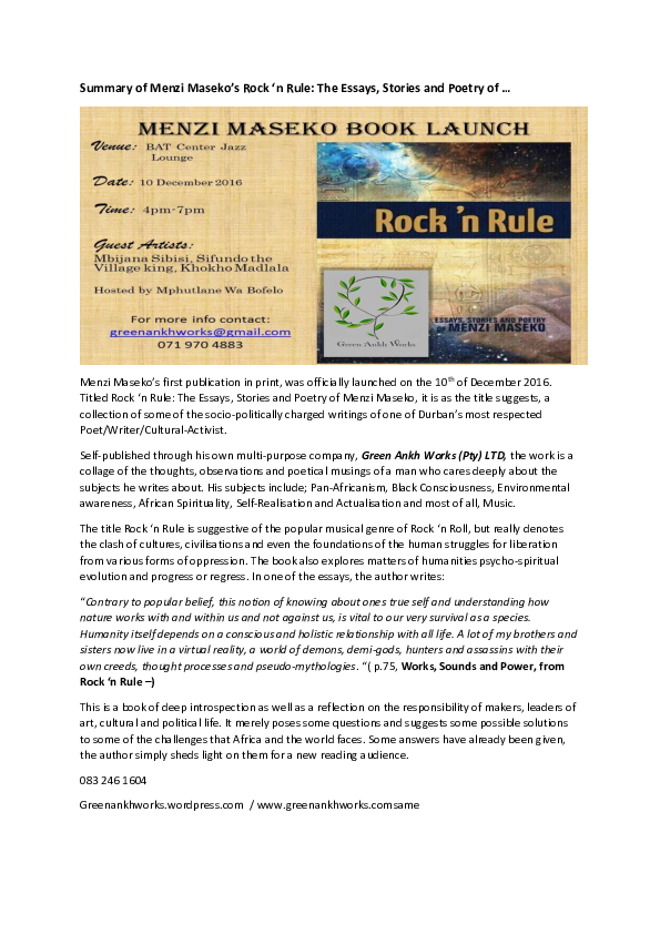 (DOC) Summary of Menzi Maseko's Book: Rock 'n Rule