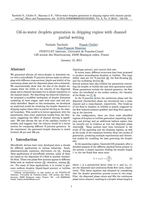 (PDF) Oil-in-Water Droplets Generation in Dripping Regime with Channel ...