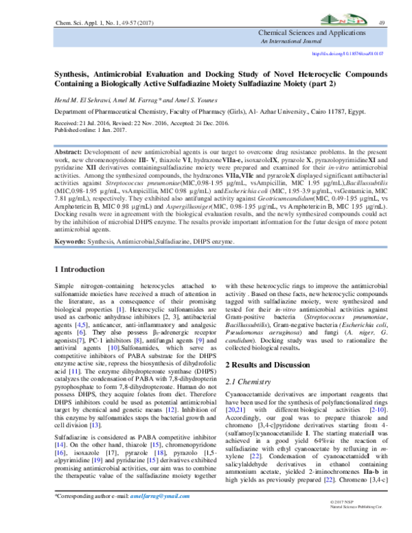(PDF) Chemical Sciences and Applications Synthesis, Antimicrobial Evaluation and Docking Study ...