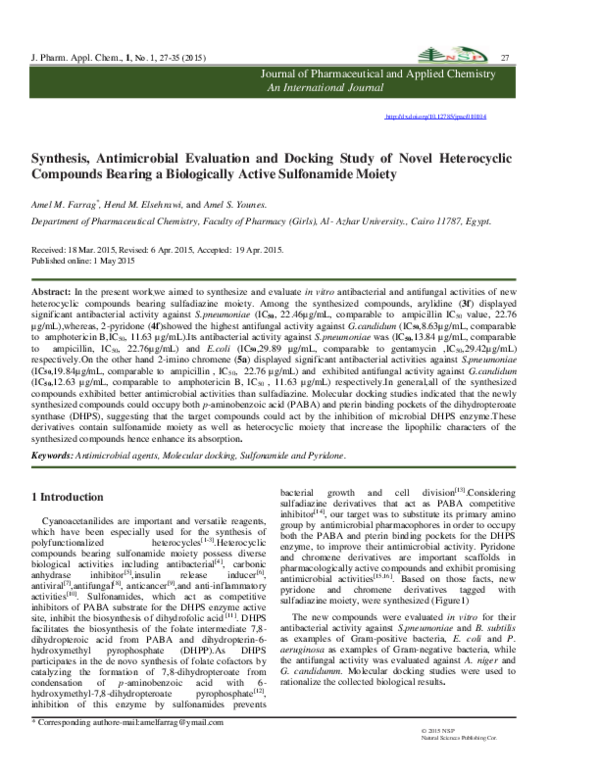 (PDF) Synthesis, Antimicrobial Evaluation and Docking Study of Novel Heterocyclic Compounds ...