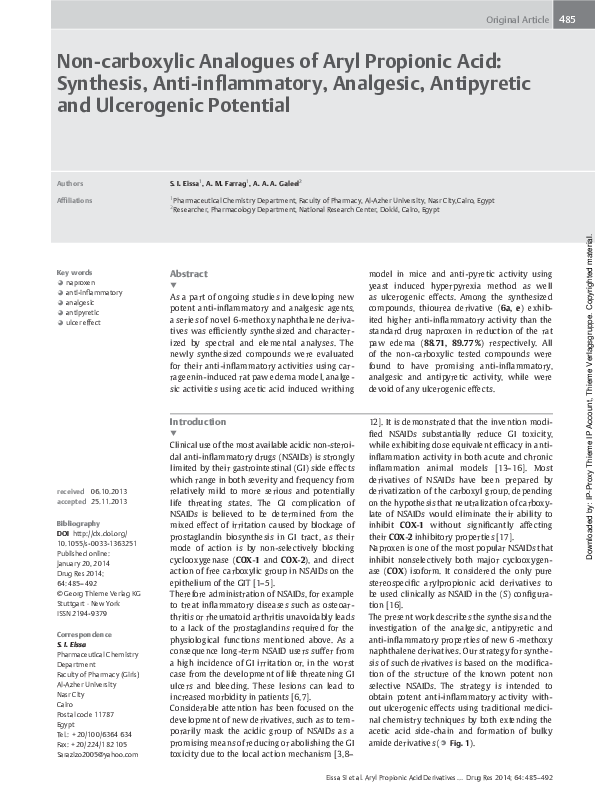 (PDF) Non-carboxylic Analogues of Aryl Propionic Acid: Synthesis, Anti ...