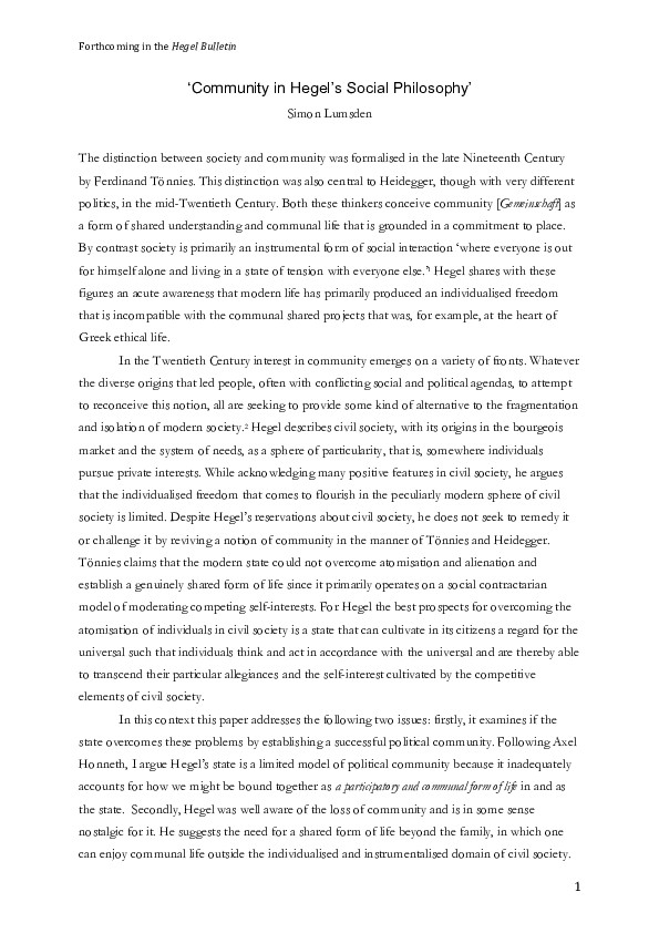 (PDF) 'Community in Hegel's Social Philosophy'