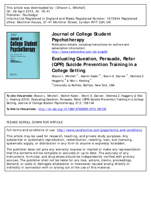 (PDF) Evaluating Question, Persuade, Refer (QPR) Suicide Prevention in ...