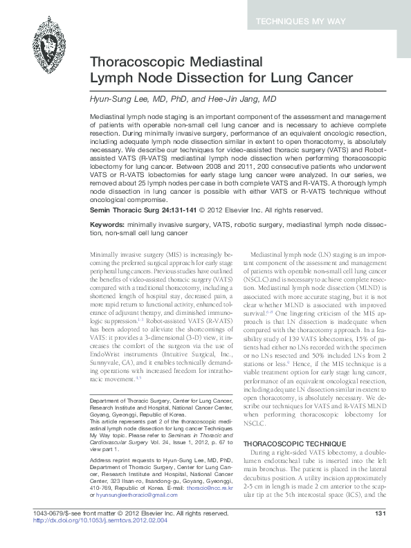 (PDF) Thoracoscopic mediastinal lymph node dissection for lung cancer