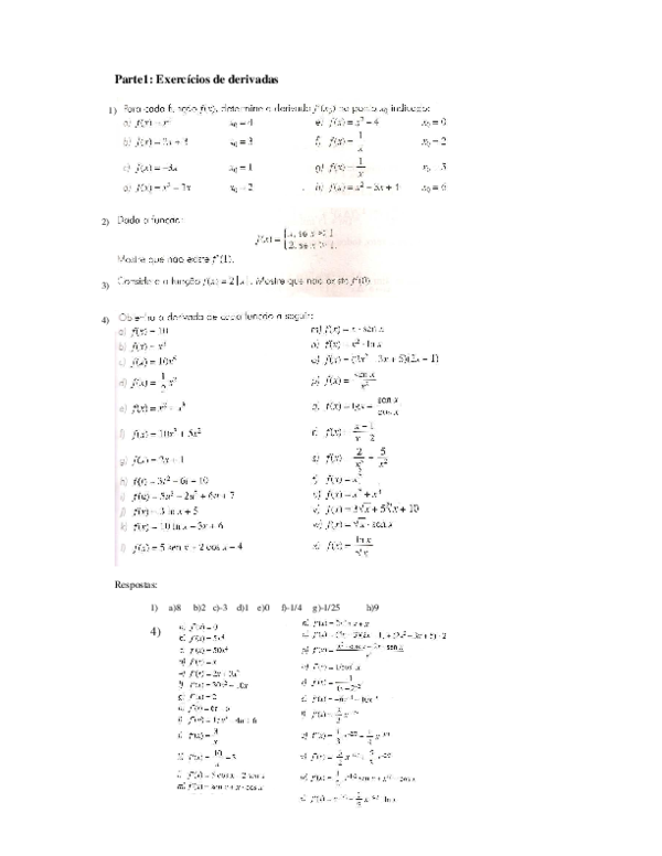 (PDF) Parte1: Exercícios de derivadas