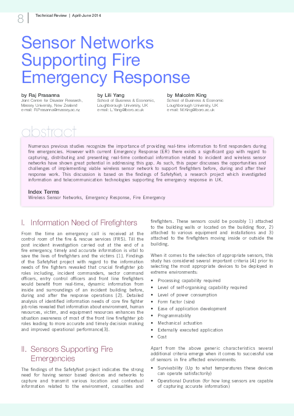 (PDF) Sensor Networks Supporting Fire Emergency Response