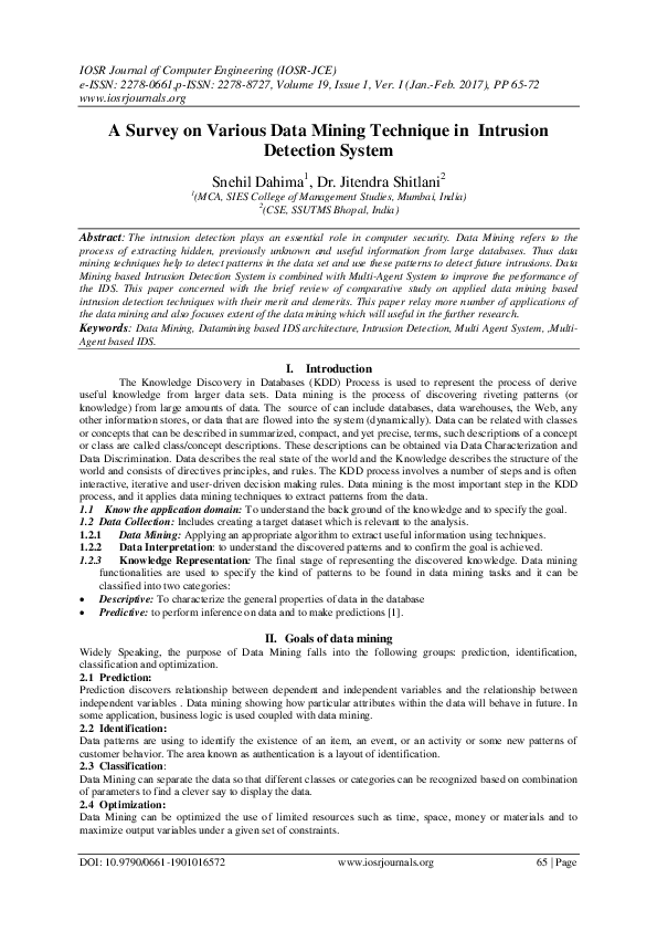 Pdf A Survey On Various Data Mining Technique In Intrusion Detection