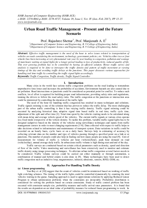 (PDF) Urban Road Traffic Management -Present and the Future Scenario