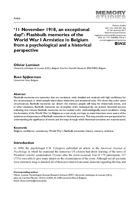 (PDF) '11 November 1918, an exceptional day!' Flashbulb memories of the ...