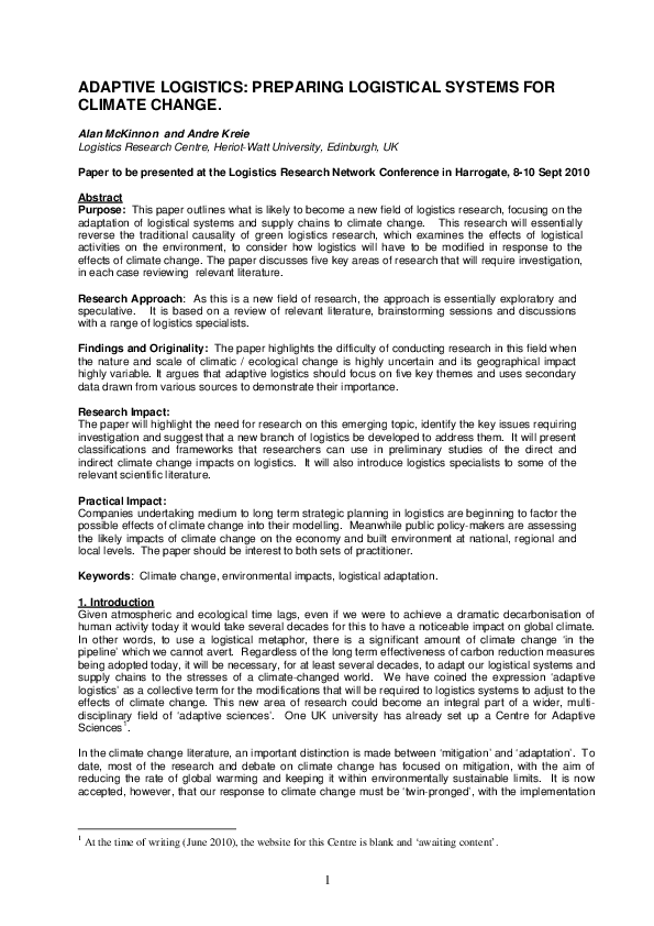 (PDF) ADAPTIVE LOGISTICS: PREPARING LOGISTICAL SYSTEMS FOR CLIMATE CHANGE