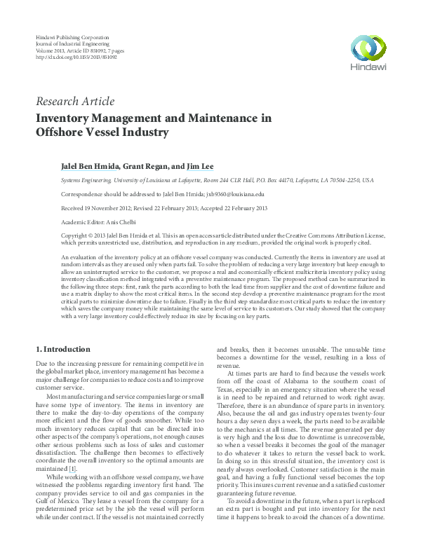 (PDF) Inventory Management and Maintenance in Offshore Vessel Industry