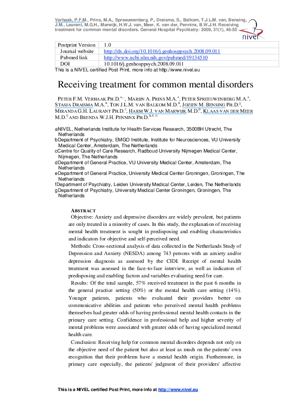 (PDF) Receiving treatment for common mental disorders | Harm Marwijk ...