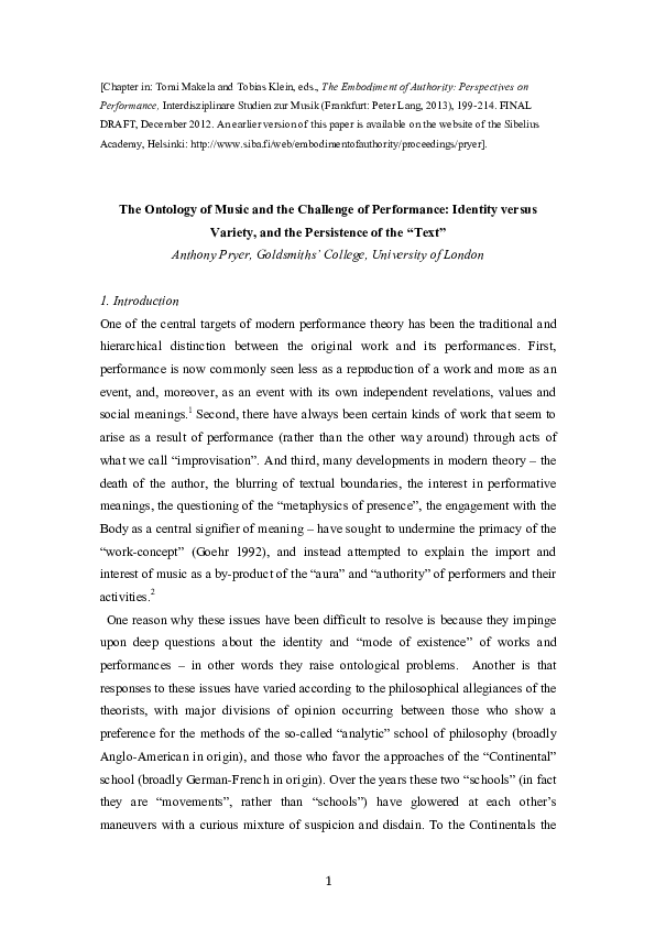 (PDF) The Ontology of Music and the Challenge of Performance: Identity ...