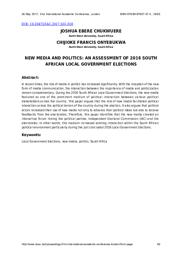 (PDF) New media and politics: An assessment of 2016 South African local ...