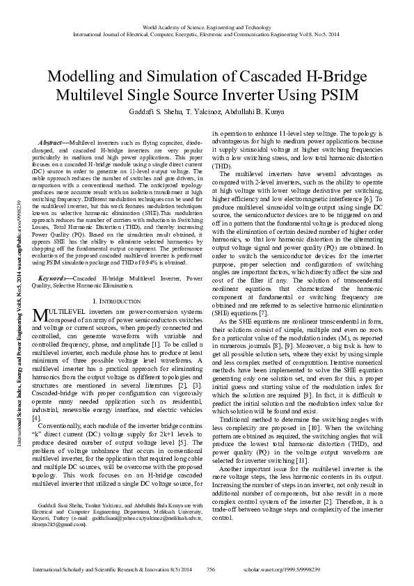 Pdf Modelling And Simulation Of Cascaded H Bridge Multilevel Single Source Inverter Using Psim