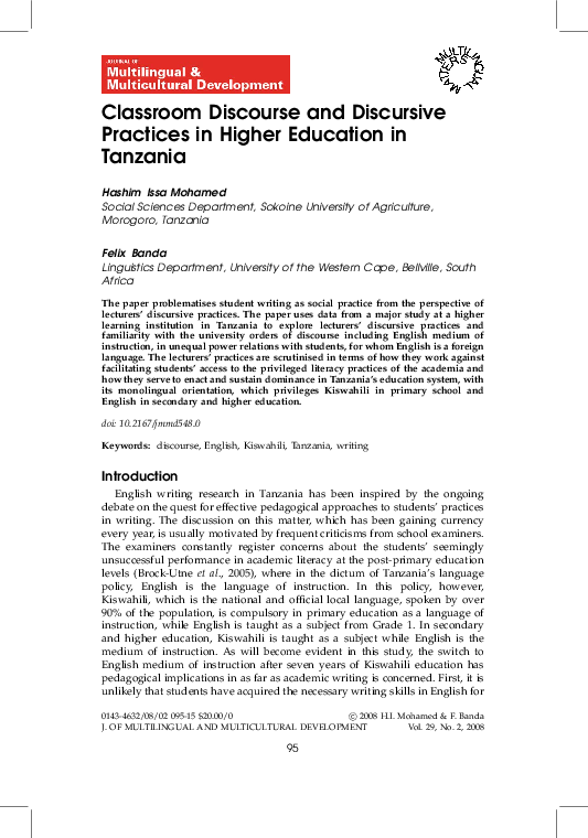 (PDF) Classroom Discourse and Discursive Practices in Higher Education in Tanzania