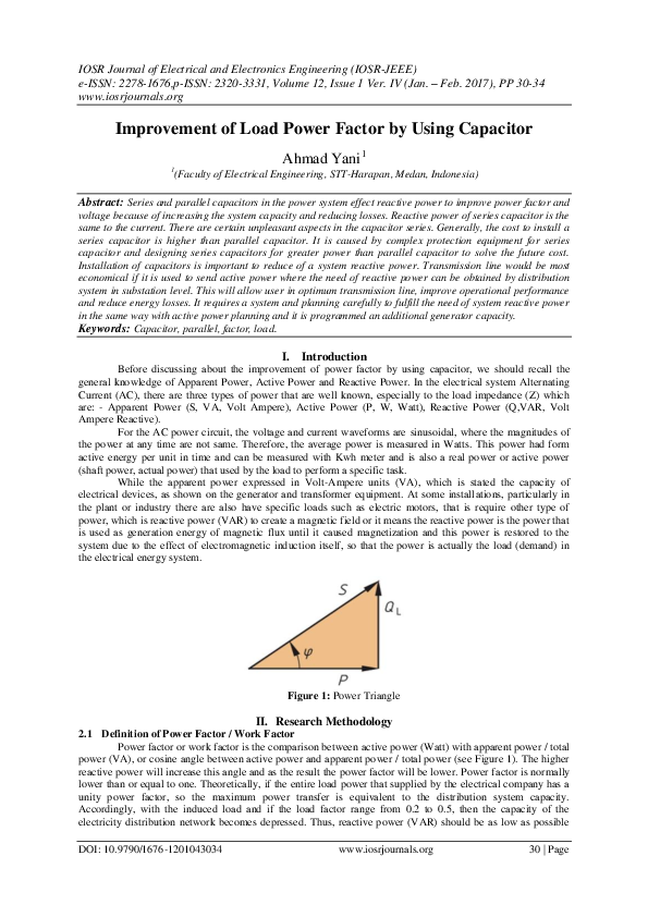 (PDF) Improvement of Load Power Factor by Using Capacitor