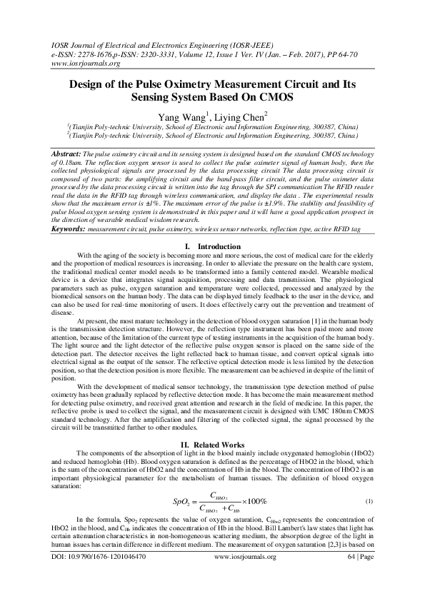 Pdf Design Of The Pulse Oximetry Measurement Circuit And Its Sensing