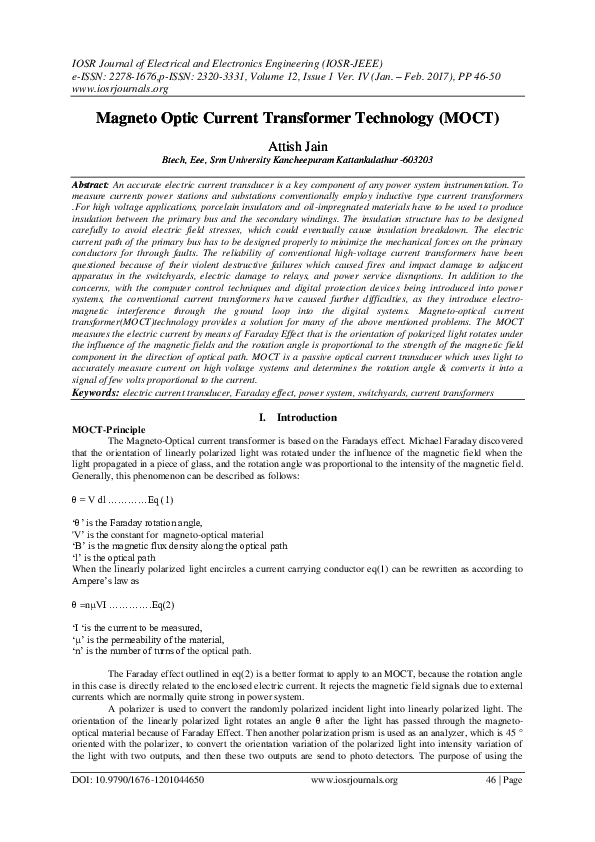 (PDF) Magneto Optic Current Transformer Technology (MOCT