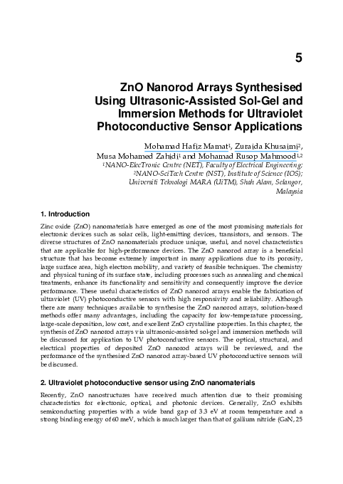 (PDF) ZnO Nanorod Arrays Synthesised Using Ultrasonic-Assisted Sol-Gel and Immersion Methods for ...