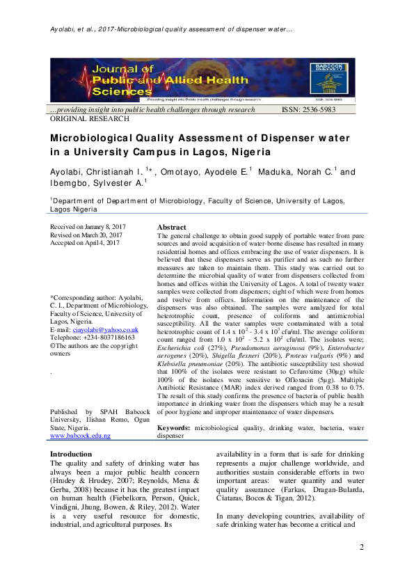(PDF) Microbiological Quality Assessment of Dispenser water in a ...