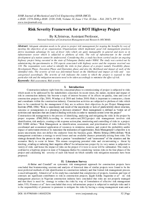 (PDF) Risk Severity Framework for a BOT Highway Project