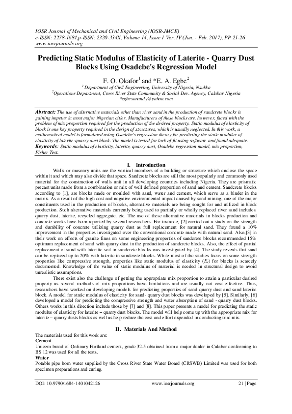 Pdf Predicting Static Modulus Of Elasticity Of Laterite Quarry Dust Blocks Using Osadebes