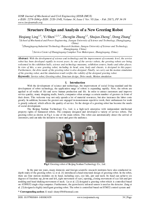 (PDF) Structure Design and Analysis of a New Greeting Robot
