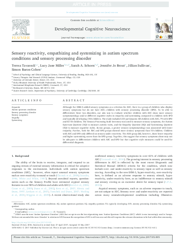 (PDF) Sensory reactivity, empathizing and systemizing in autism ...