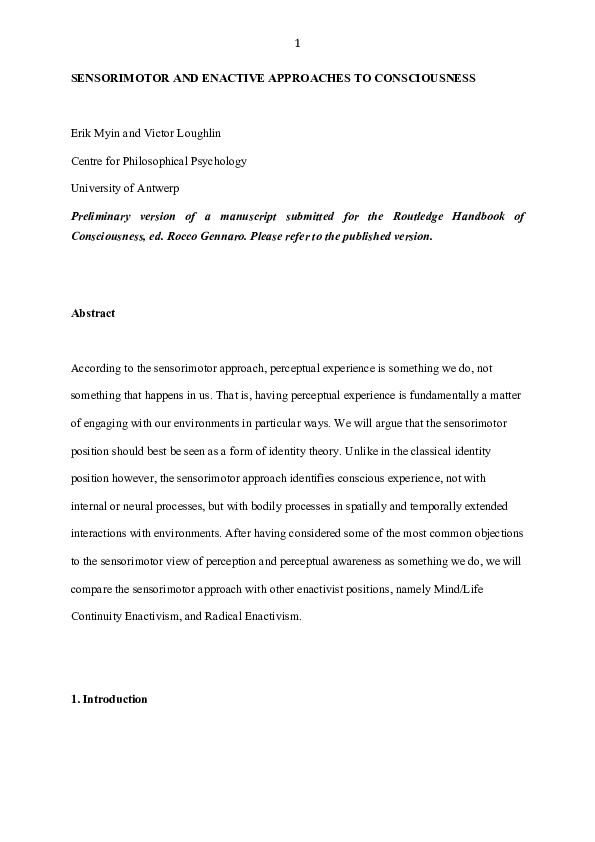 (PDF) Sensorimotor and Enactive Approaches to Consciousness