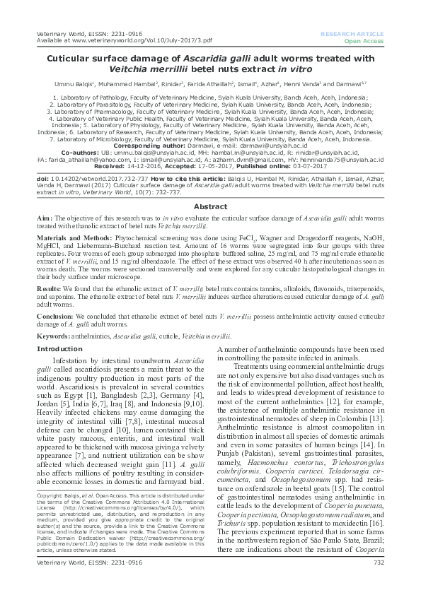 (PDF) Effects of Areca catechu Seed and Anredera cordifolia Leaf on Ascaridia galli Infection in ...