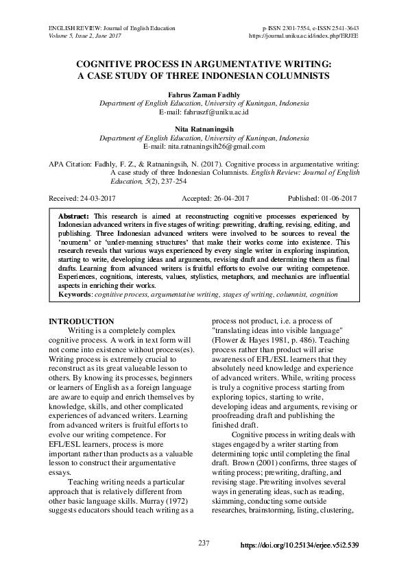 (PDF) COGNITIVE PROCESS IN ARGUMENTATIVE WRITING: A CASE STUDY OF THREE ...