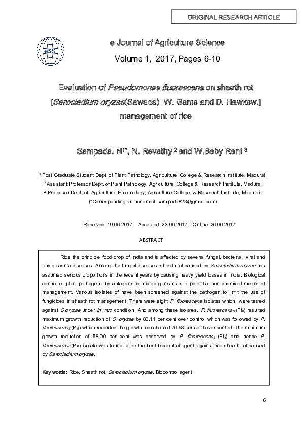 (PDF) Evaluation of Pseudomonas fluorescens on sheath rot [Sarocladium ...