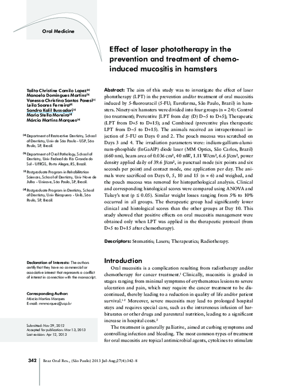 (PDF) Effect of laser phototherapy in the prevention and treatment of chemo-induced mucositis in ...