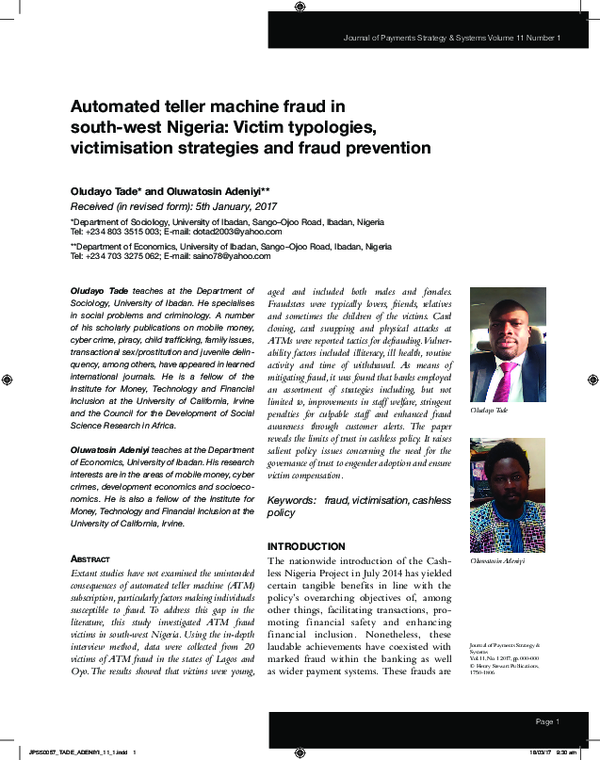 (PDF) Automated teller machine fraud in south-west Nigeria: Victim ...