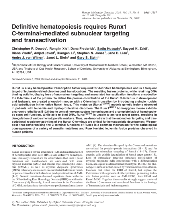 Pdf Definitive Hematopoiesis Requires Runx1 C Terminal Mediated