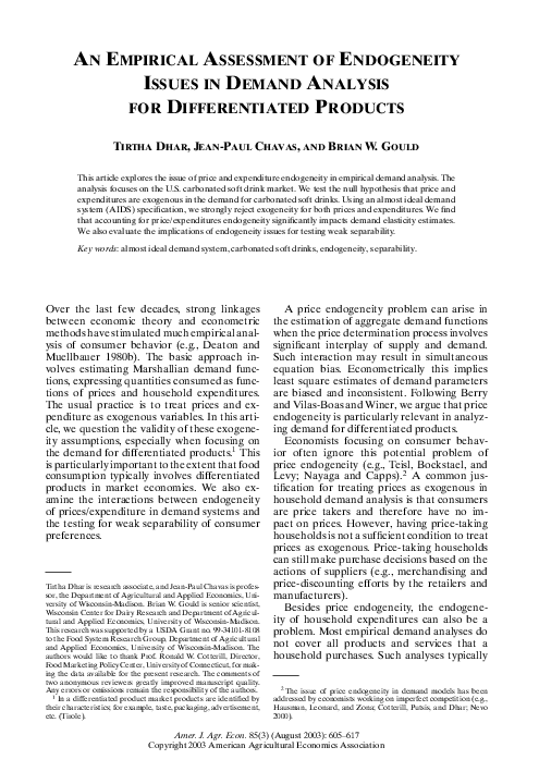 (PDF) An Empirical Assessment of Endogeneity Issues in Demand Analysis ...