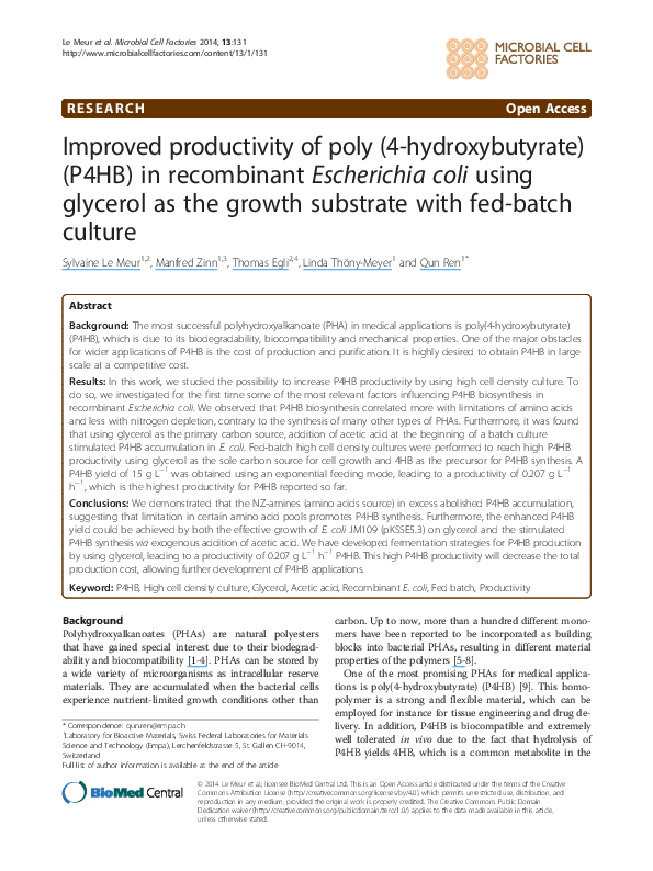 (PDF) Improved productivity of poly (4-hydroxybutyrate) (P4HB) in ...