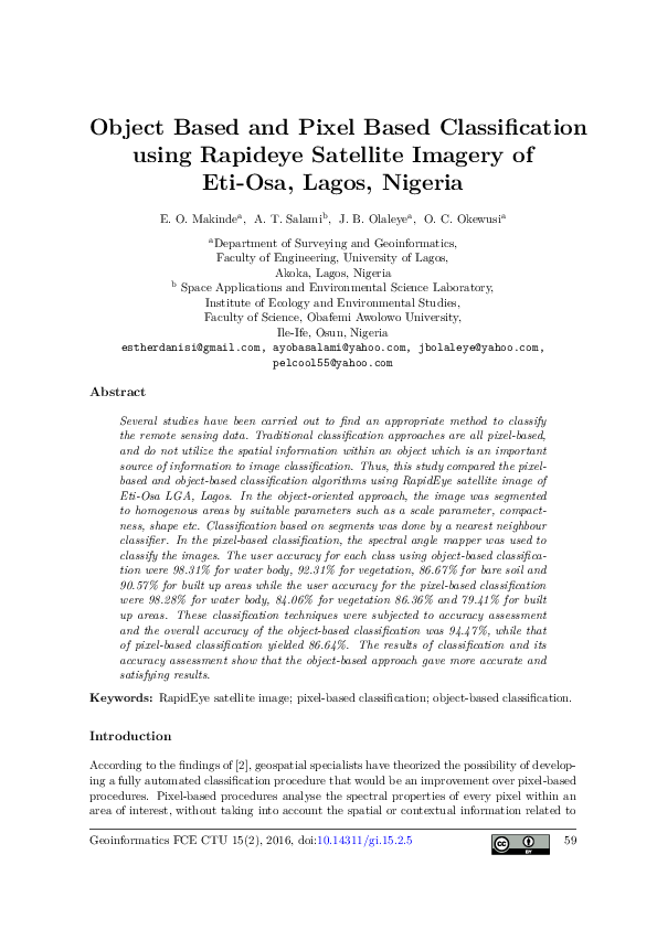 (PDF) Object Based and Pixel Based Classification using Rapideye Satellite Imagery of Eti-Osa ...