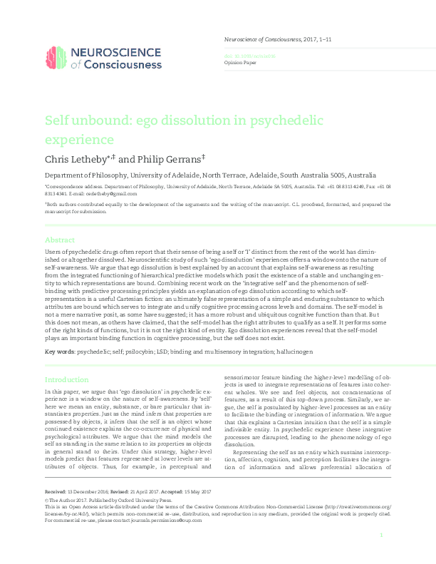 (PDF) Self unbound: ego dissolution in psychedelic experience