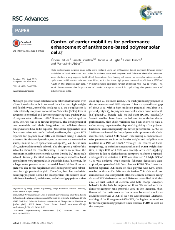 (PDF) Improvement in photovoltaic performance of anthracene-containing ...