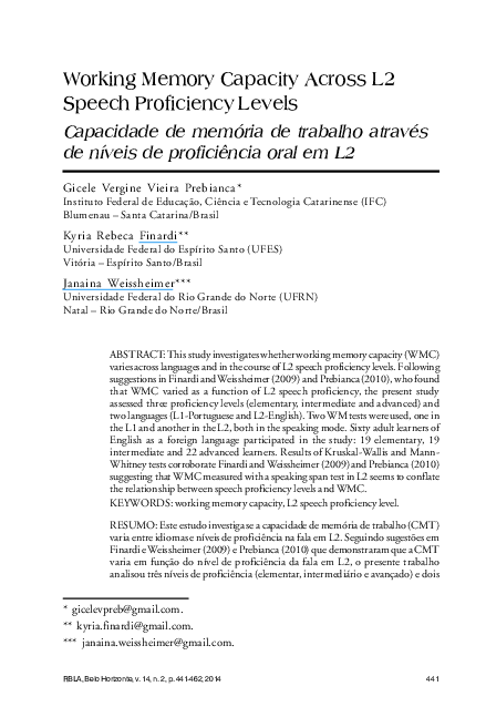 (PDF) Working memory capacity across L2 speech proficiency levels