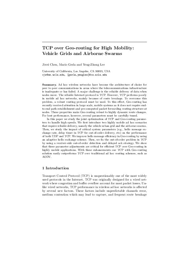(PDF) TCP over Geo-routing for High Mobility: Vehicle Grids and Airborne Swarms