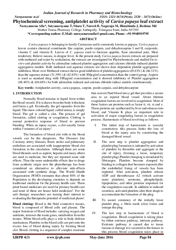 (PDF) Phytochemical screening, antiplatelet activity of Carica papaya leaf extract