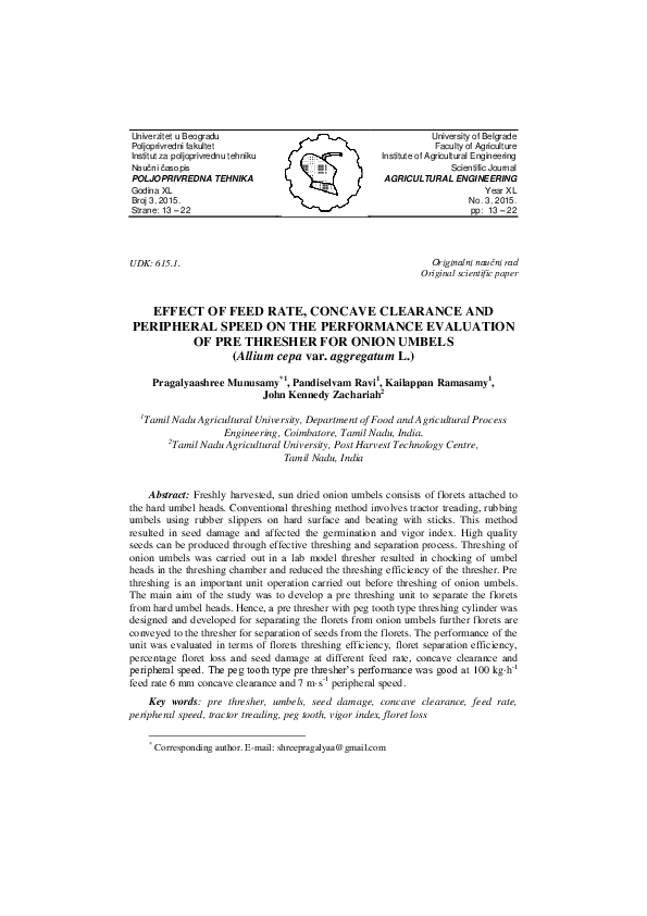(PDF) EFFECT OF FEED RATE, CONCAVE CLEARANCE AND PERIPHERAL SPEED ON ...