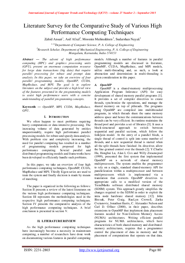 (PDF) Literature Survey for the Comparative Study of Various High Performance Computing Techniques
